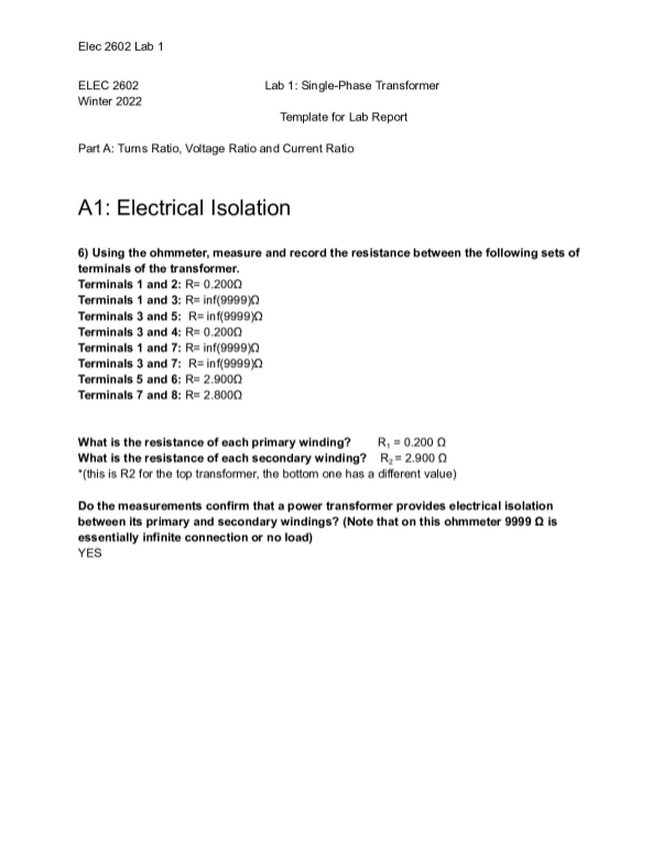 Elec 2602 Lab 1 ELEC 2602 Lab 1: Single-Phase Transformer Winter 2022
