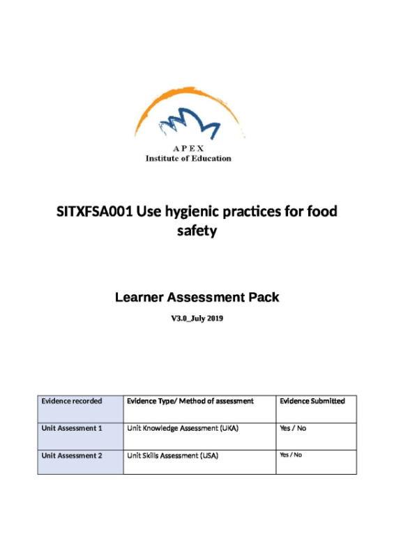 SITXFSA001 Use hygienic practices for food safety Learner Assessment ...