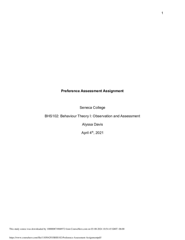 Seneca College BHS102 Preference Assessment Assignment. Behaviour Theory 1. Observation and ...