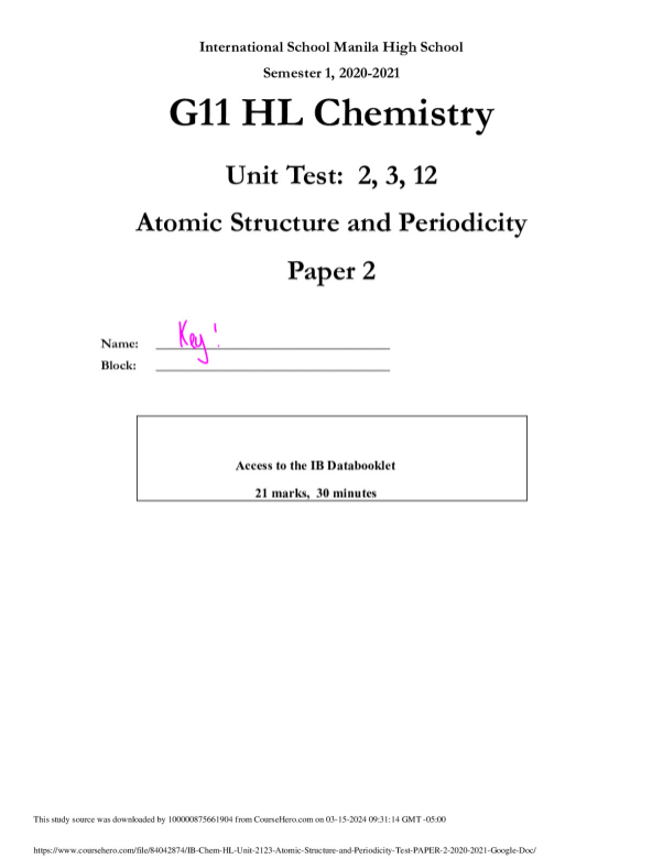 G11 HL Chemistry Unit Test: 2, 3, 12 Atomic Structure and Periodicity ...