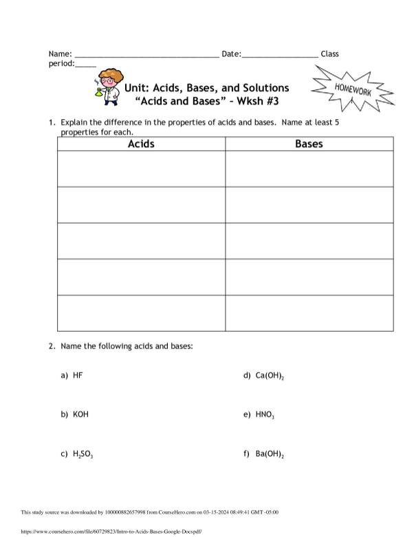 Unit: Acids, Bases, and Solutions “Acids and Bases” – Wksh #3
