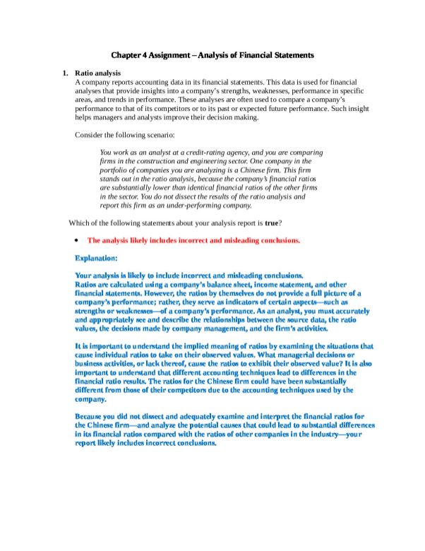 Chapter 4 Assignment.docx | Chapter 4 Assignment – Analysis of Financial Statements