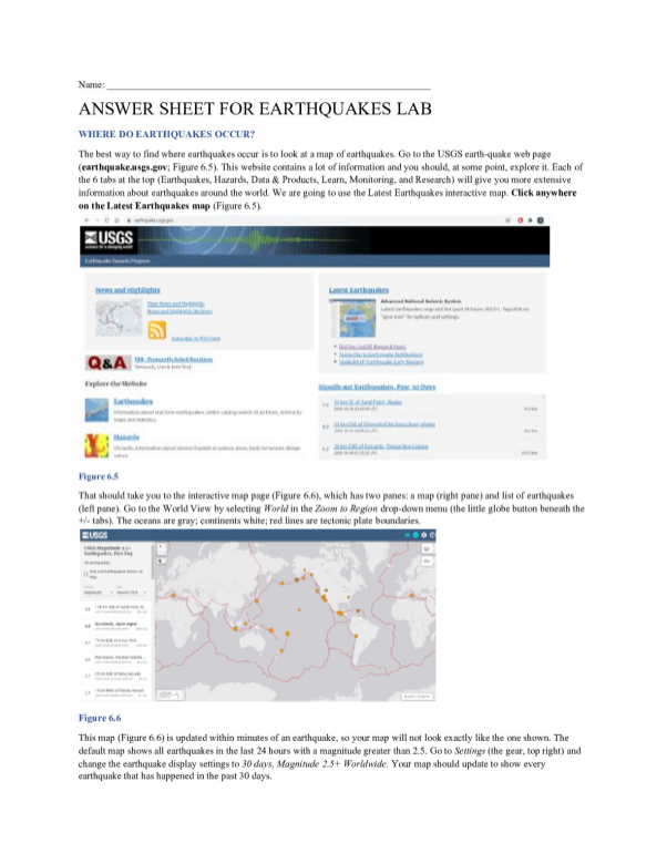ANSWER SHEET FOR EARTHQUAKES LAB.