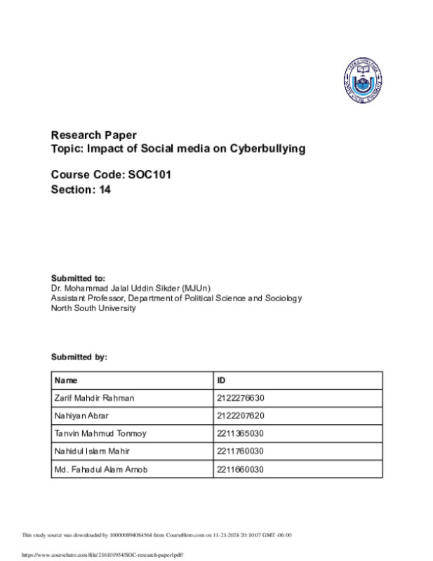 SOC101 Research Paper Topic: Impact of Social media on Cyberbullying