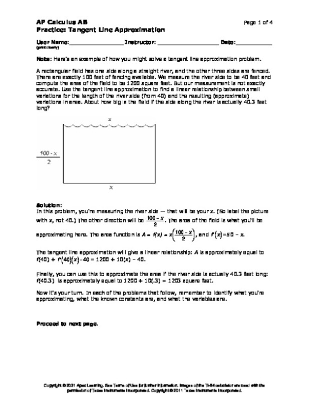 Ap Calculus Ab Practice Tangent Line Approximation