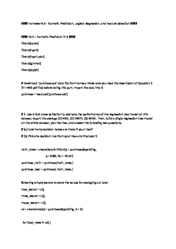 Homework 3 - Numeric Prediction, Logistic Regression, and Feature Selection