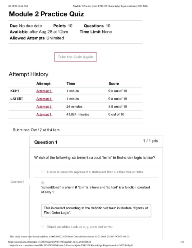 Module 2 Practice Quiz: CSE 579: Knowledge Representation (2022 Fall)