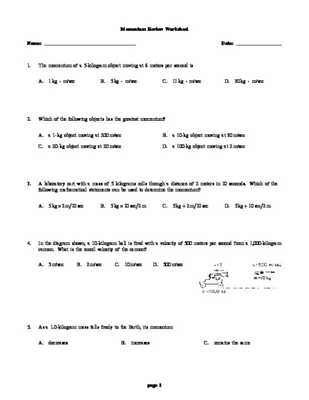 Momentum Review Worksheet and Key.