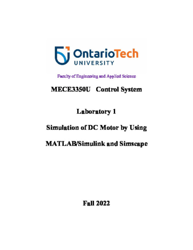 MECE3350UControl System Laboratory 1 Simulation of DC Motor by Using MATLAB/Simulink and Simscape