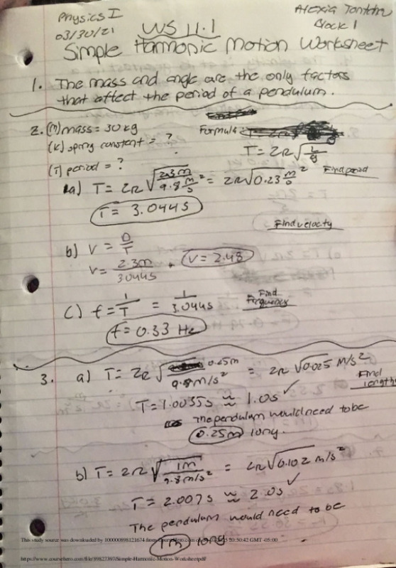 Simple Harmonic Motion Worksheet.