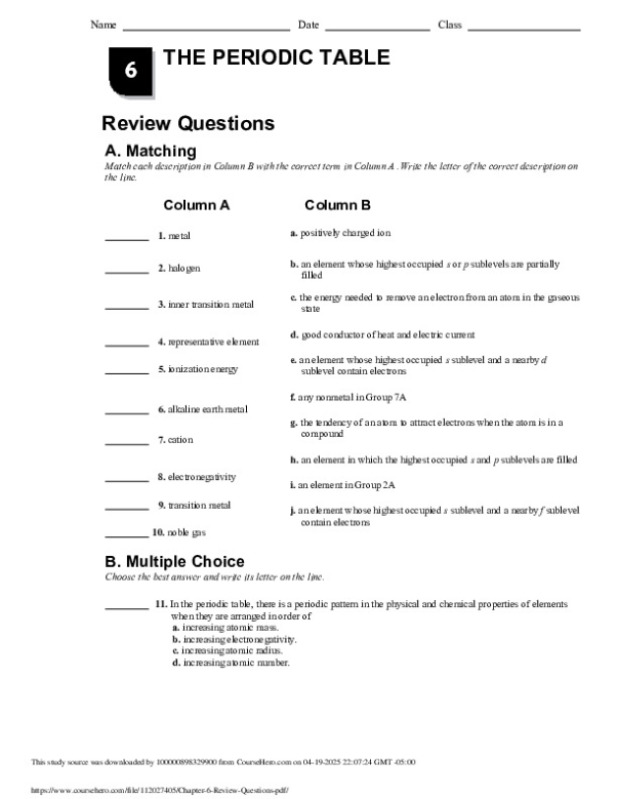 Chapter 6 THE PERIODIC TABLE Review Questions
