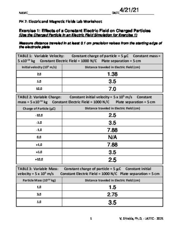 Lab 8- Electric and Magnetic Fields Worksheet