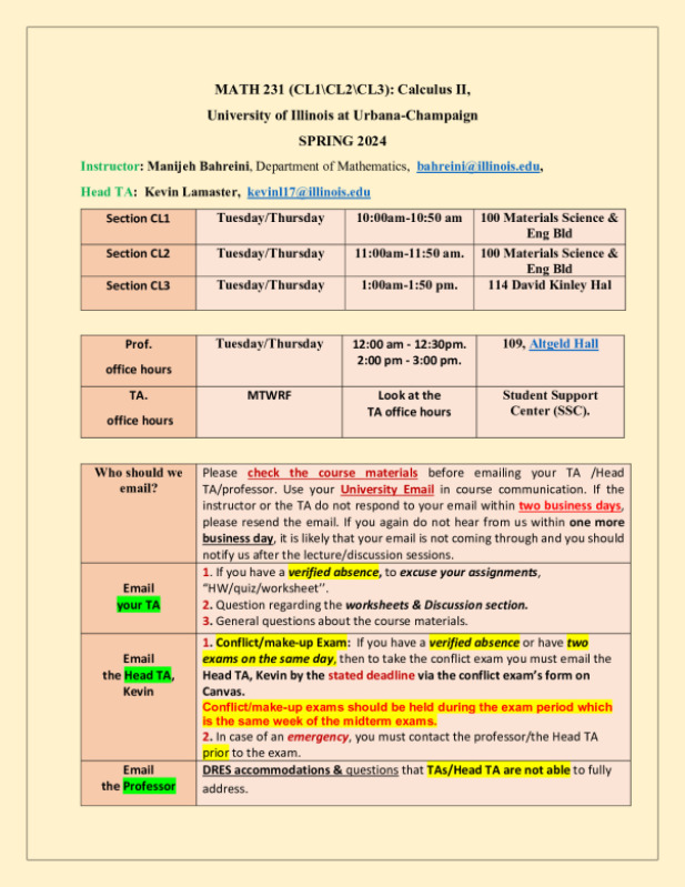 MATH 231 (CL1\CL2\CL3): Calculus II, University of Illinois at Urbana ...