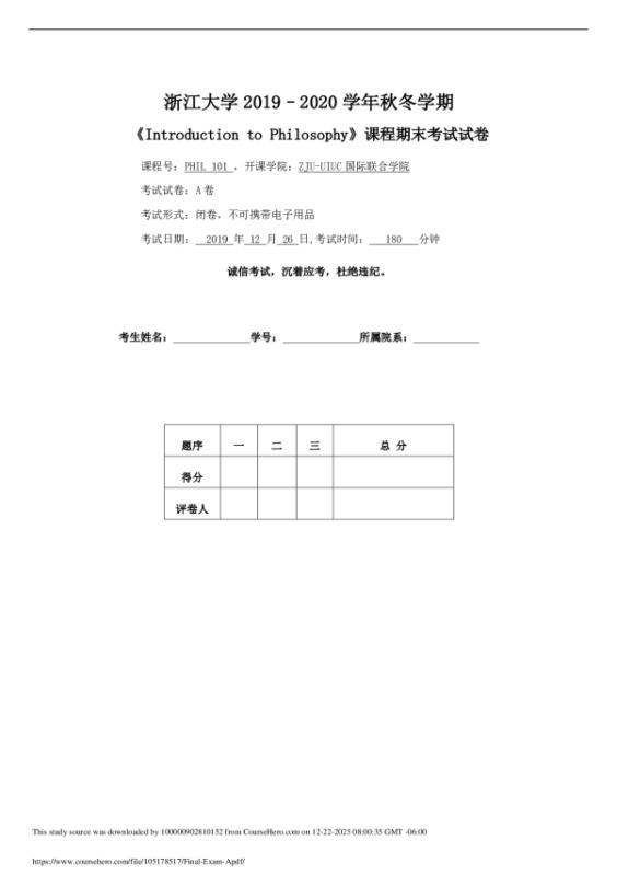 University of Illinois, Urbana Champaign PHIL 101 Final Exam A ...