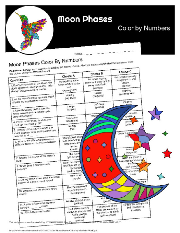 Science 7TH Moon Phases Color by Numbers