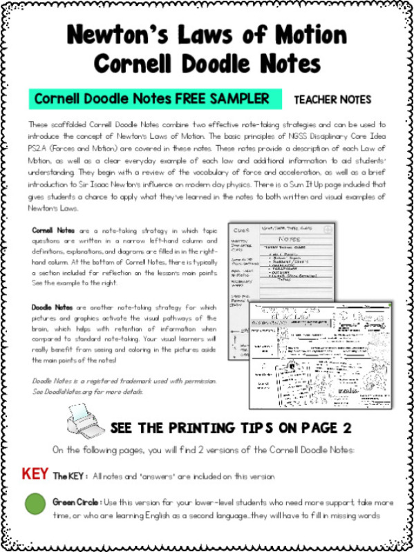 Newton's Laws of Motion Cornell Doodle Notes Free Sampler.