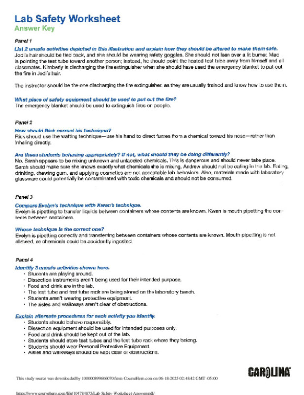 CHEMISTRY 101 Lab Safety Worksheet questions with Answers