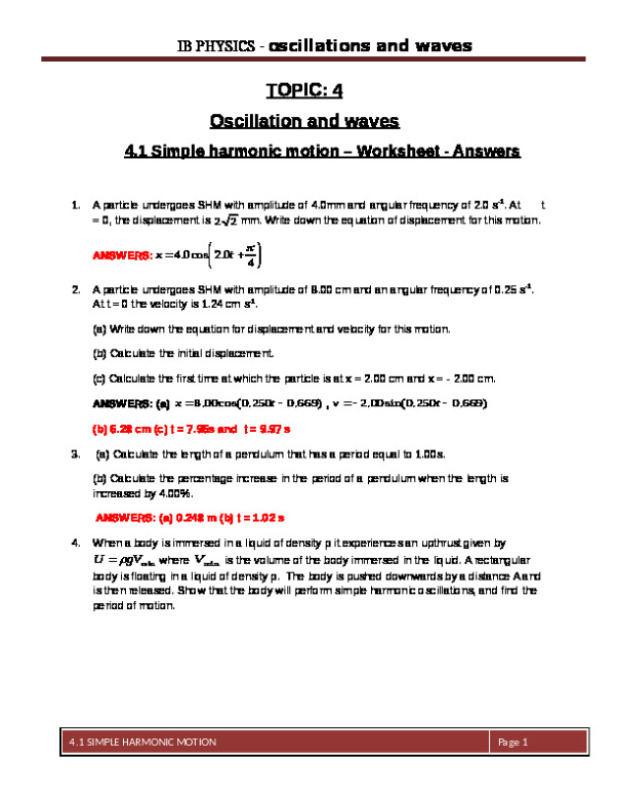 IB PHYSICS - oscillations and waves TOPIC: 4 Oscillation and waves 4.1 ...