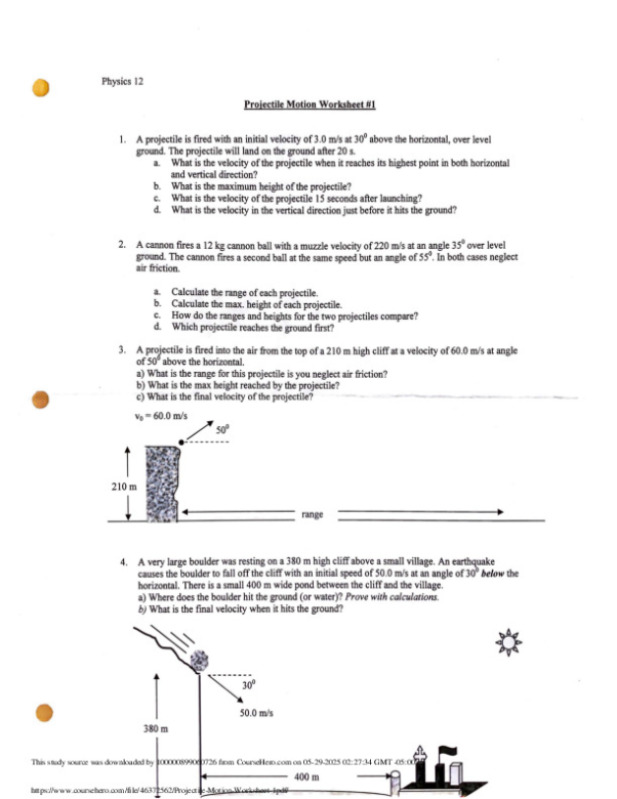 Projectile Motion Worksheet #1