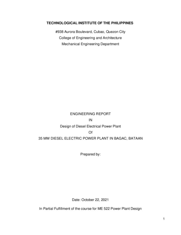 ENGINEERING REPORT IN Design of Diesel Electrical Power Plant Of 35 MW ...