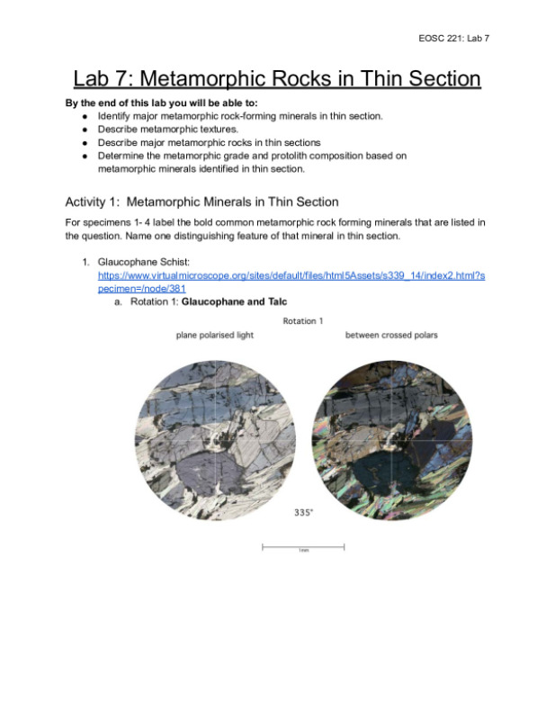 Lab 7 Metamorphic Rocks in Thin Section.