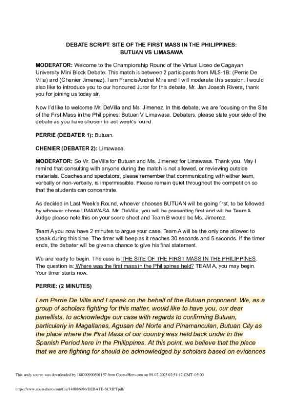DEBATE SCRIPT: SITE OF THE FIRST MASS IN THE PHILIPPINES: BUTUAN VS ...
