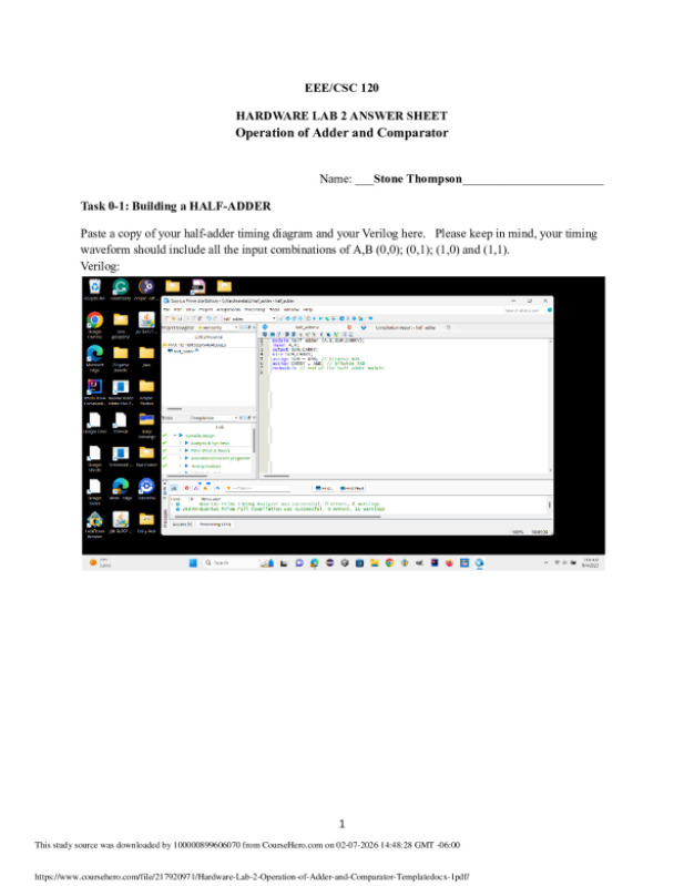 EEE/CSC 120 HARDWARE LAB 2 ANSWER SHEET Operation of Adder and Comparator
