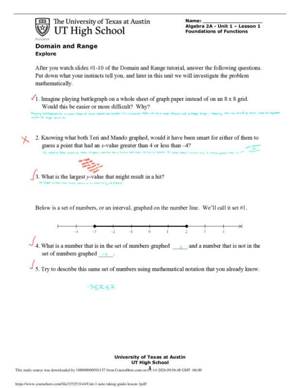 Algebra 2A - Unit 1 – Lesson 1 Foundations of Functions