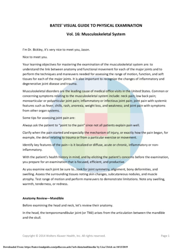 BATES’ VISUAL GUIDE TO PHYSICAL EXAMINATION Vol. 16: Musculoskeletal System